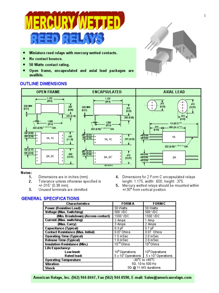 Mercury Wetted Relay Specifications | PDF | Relay | Electrical Components