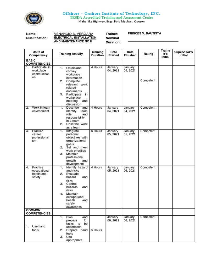 Trainee Progress Sheet | PDF | Electrical Wiring | Electromagnetism