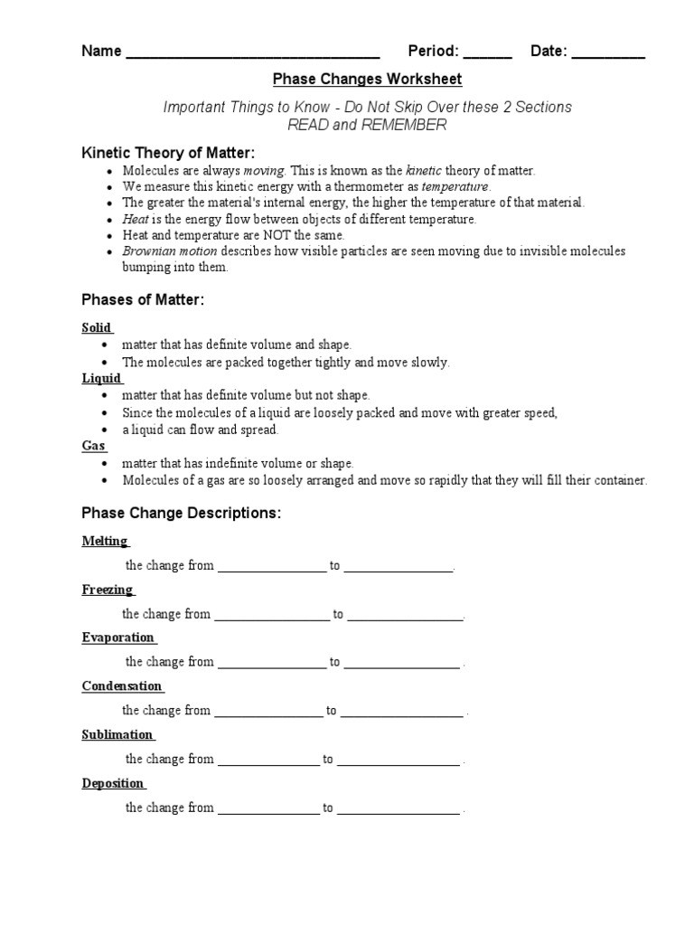 Phase Changes Worksheet 01 | PDF | Phase (Matter) | Latent Heat