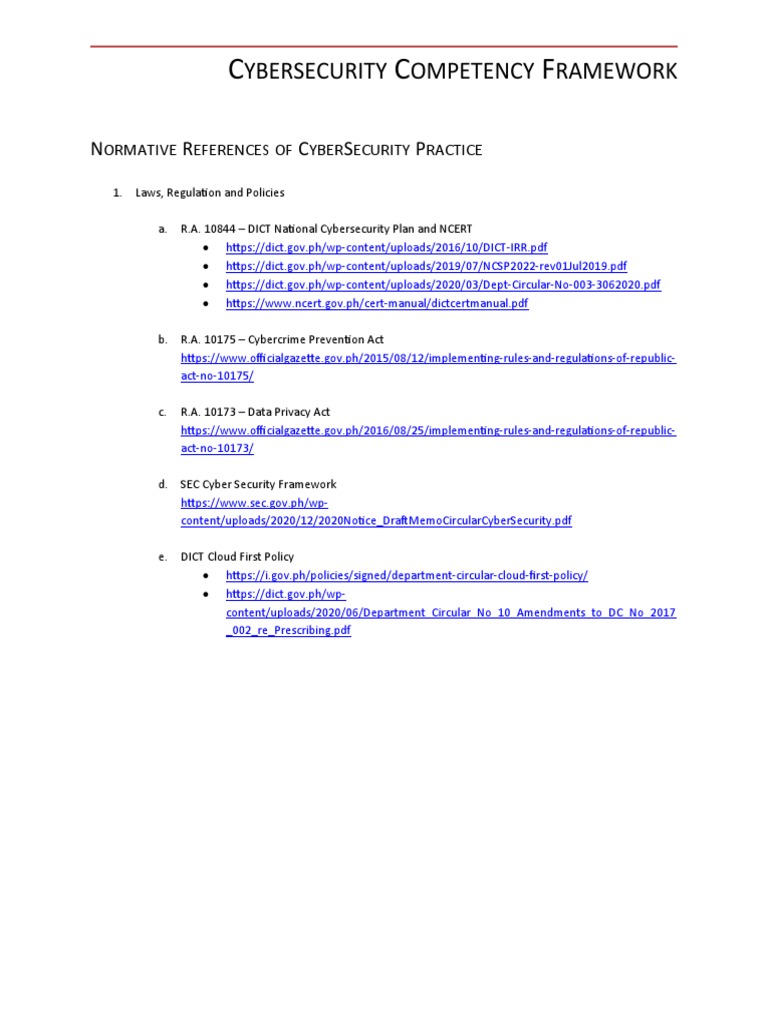 Cybersecurity Competency Framework - Reference - Links | PDF