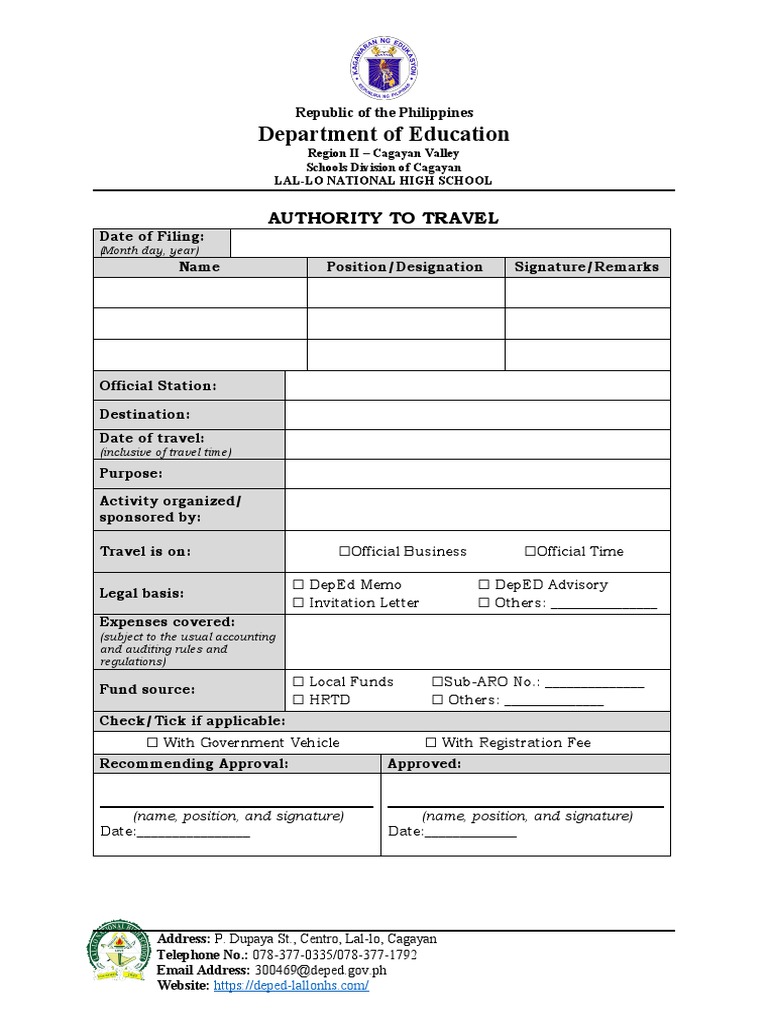 Department of Education: Authority To Travel | PDF