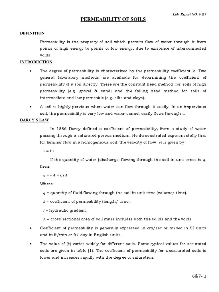 Permeability of Soils: Lab. Report NO. 6 &7 | PDF | Permeability (Earth ...
