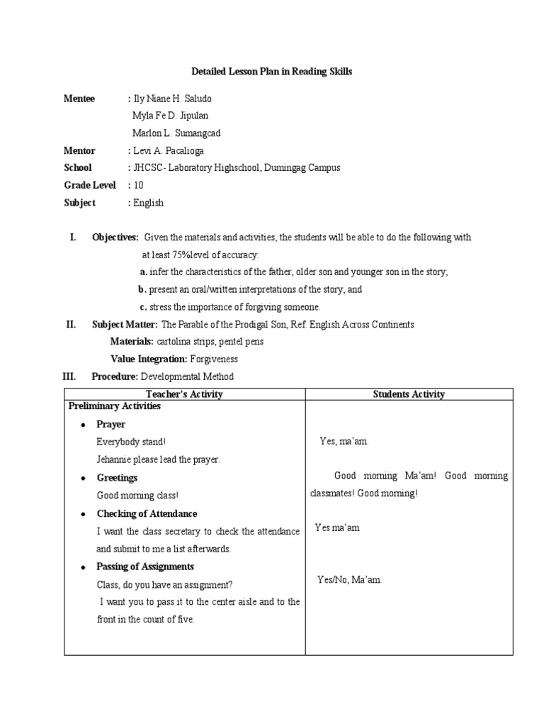 Detailed Lesson Plan: Prodigal Son | PDF | Lesson Plan | Mentorship
