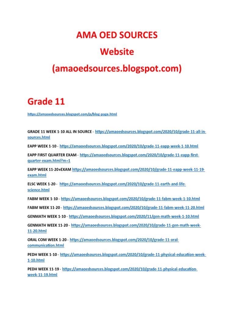 Ama Oed Sources Website: Grade 11 Week 1-10 All in Source | PDF