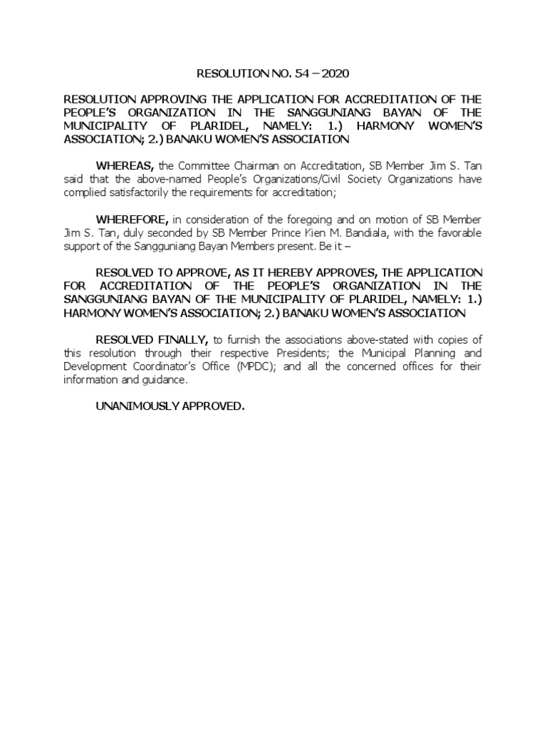 Draft Resolution No. 54-2020 - Resolution Approving The Accreditation | PDF