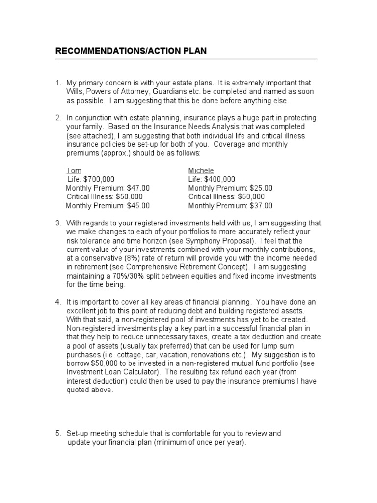 Recommendations/Action Plan | PDF | Insurance | Investing