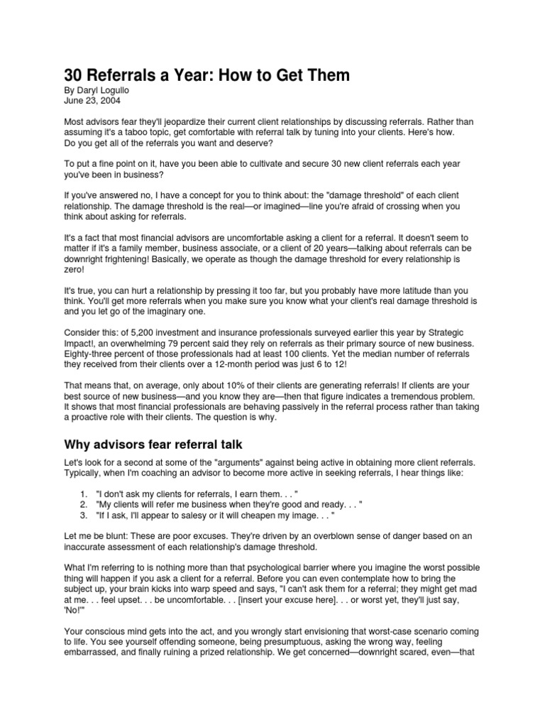 30 Referrals A Year: How To Get Them: Why Advisors Fear Referral Talk | PDF