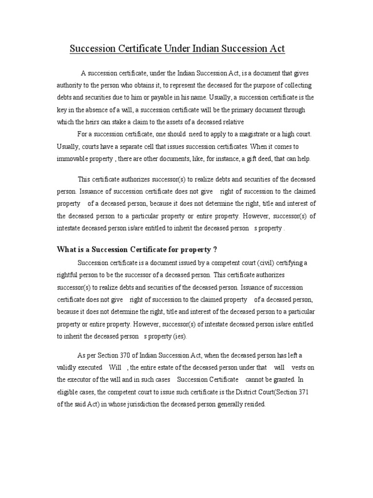 Succession Certificate Under Indian Succession Act | PDF | Inheritance ...