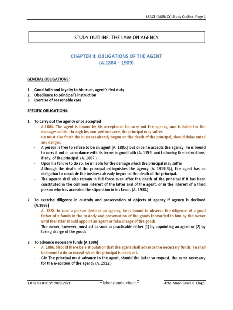 Obligations of The Agent and Principal | PDF | Law Of Agency | Indemnity