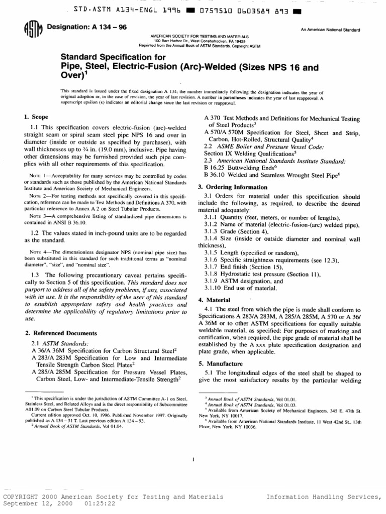 012-ASTM A 134 1996 Pipe, Steel, Electric-Fusion (Arc) - Welded (Sizes ...