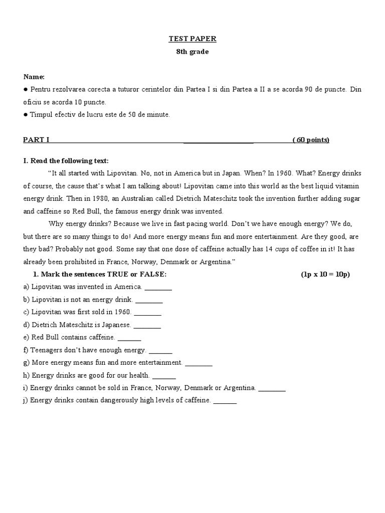 Test Paper 8th Grade | PDF | Morphology | Languages