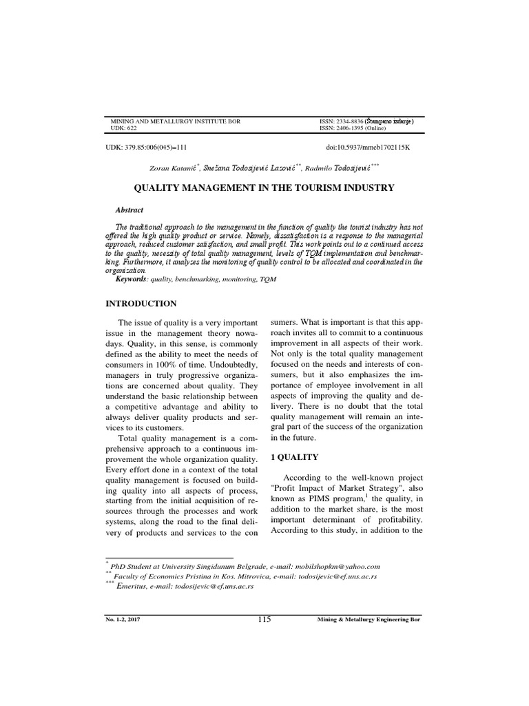 Quality Management in Tourism | PDF | System | Quality Management