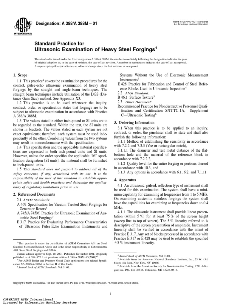 213-Astm A 388 2001 Ultrasonic Examination of Heavy Steel Forgings PDF | PDF | Ultrasound | Forging