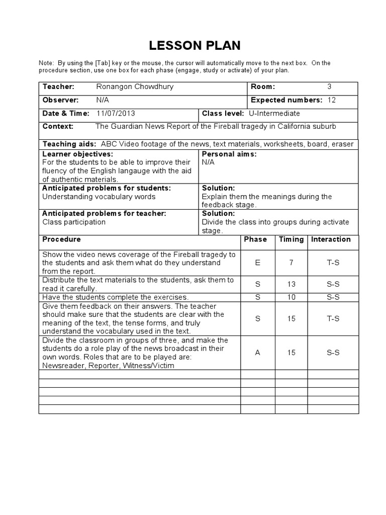 Lesson Plan: Procedure Section, Use One Box For Each Phase (Engage ...