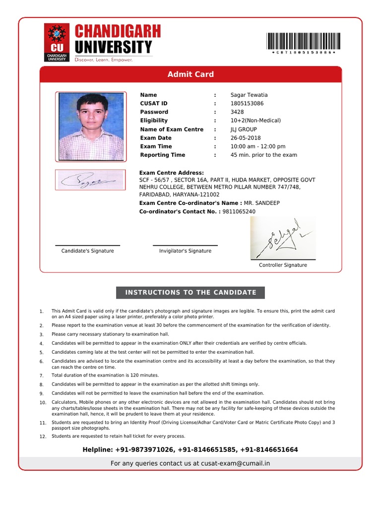 CUSAT Admit Card | PDF | Access Control | Authentication