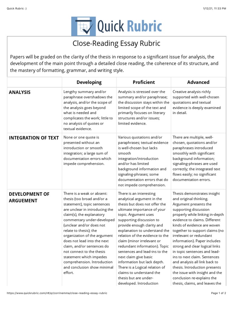 Quick Rubric | PDF | Argument | Thesis