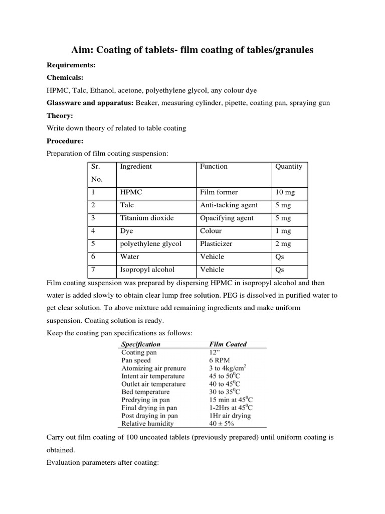 Tablet Coating Experiment | PDF | Tablet (Pharmacy) | Polyethylene Glycol