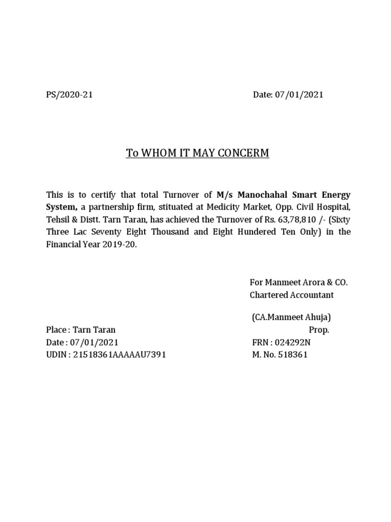 Turnover Certificate | PDF