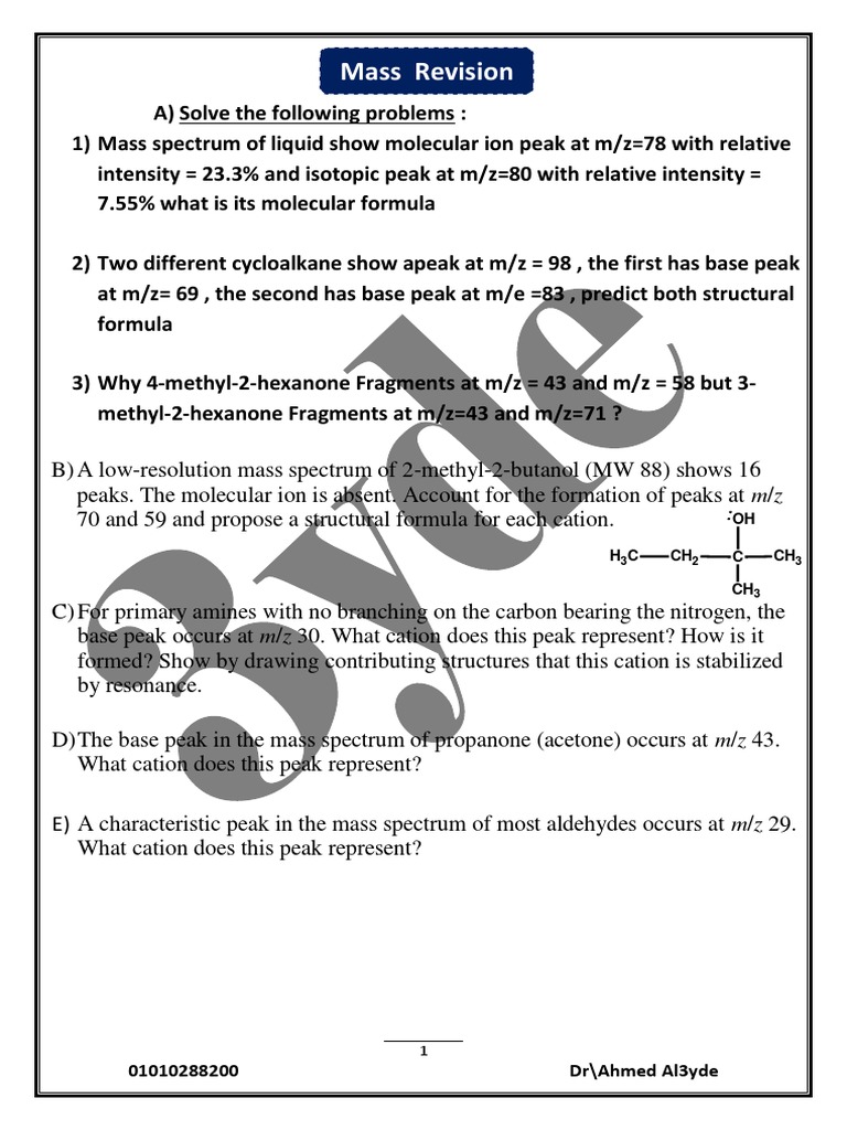 Mass Revision: Solving Problems Involving Mass Spectra | PDF | Mass To ...