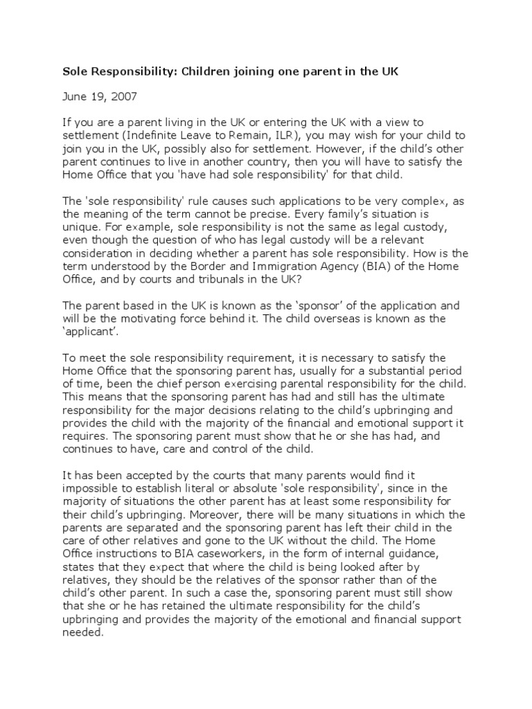 Sole Responsibility Children Joining One Parent In The Uk Pdf