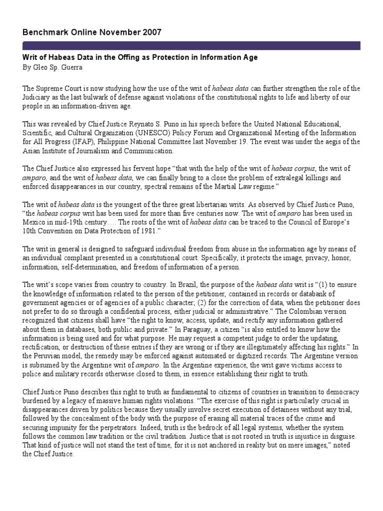 Writ of Habeas Data | PDF | Constitutional Law | Judiciaries