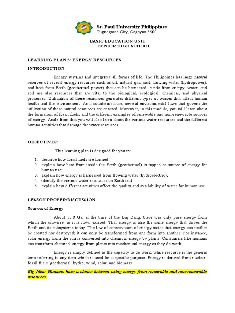 Energy Resources Learning Plan | PDF | Nuclear Reactor | Solar Power