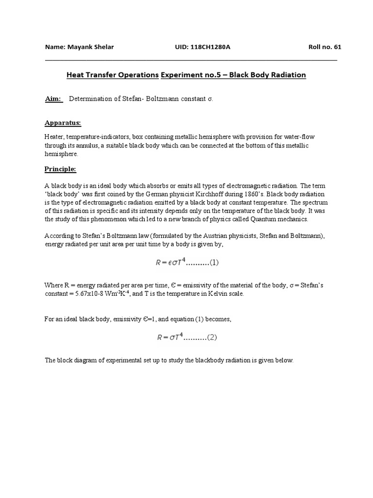 Heat Transfer Operations Experiment No.5 - Black Body Radiation | PDF ...