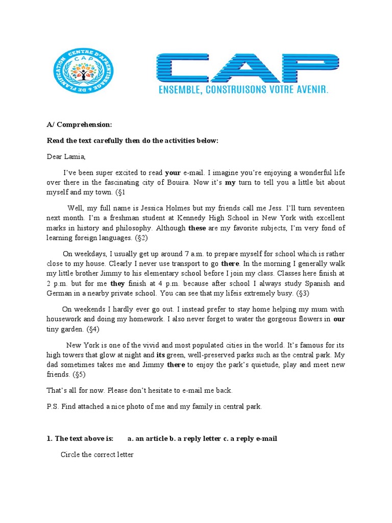 A/ Comprehension: Read The Text Carefully Then Do The Activities Below ...