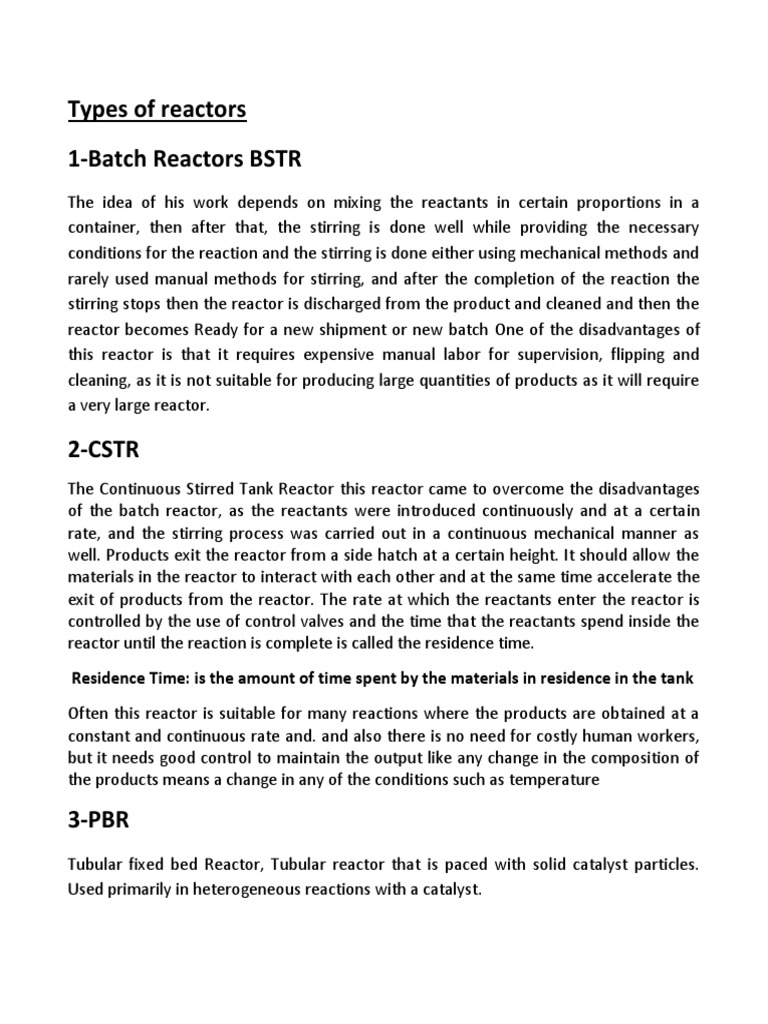 Types of Reactors 1-Batch Reactors BSTR | PDF | Chemical Reactor ...