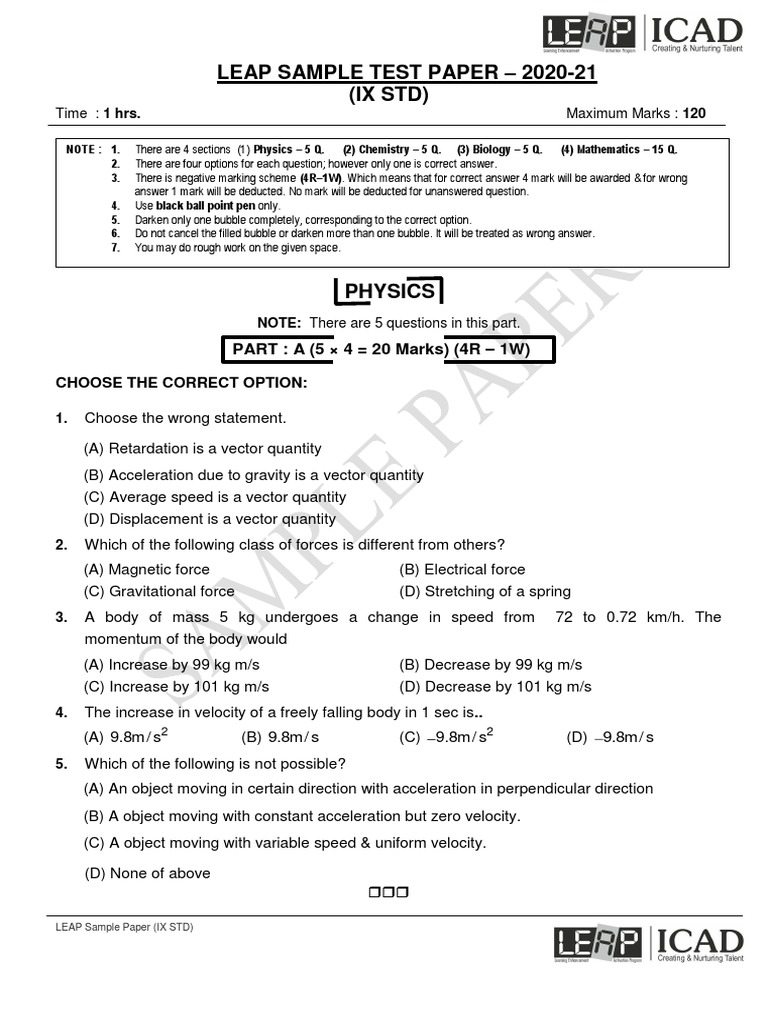 LEAP 2020 Test Paper - PCMB | PDF | Force | Triangle
