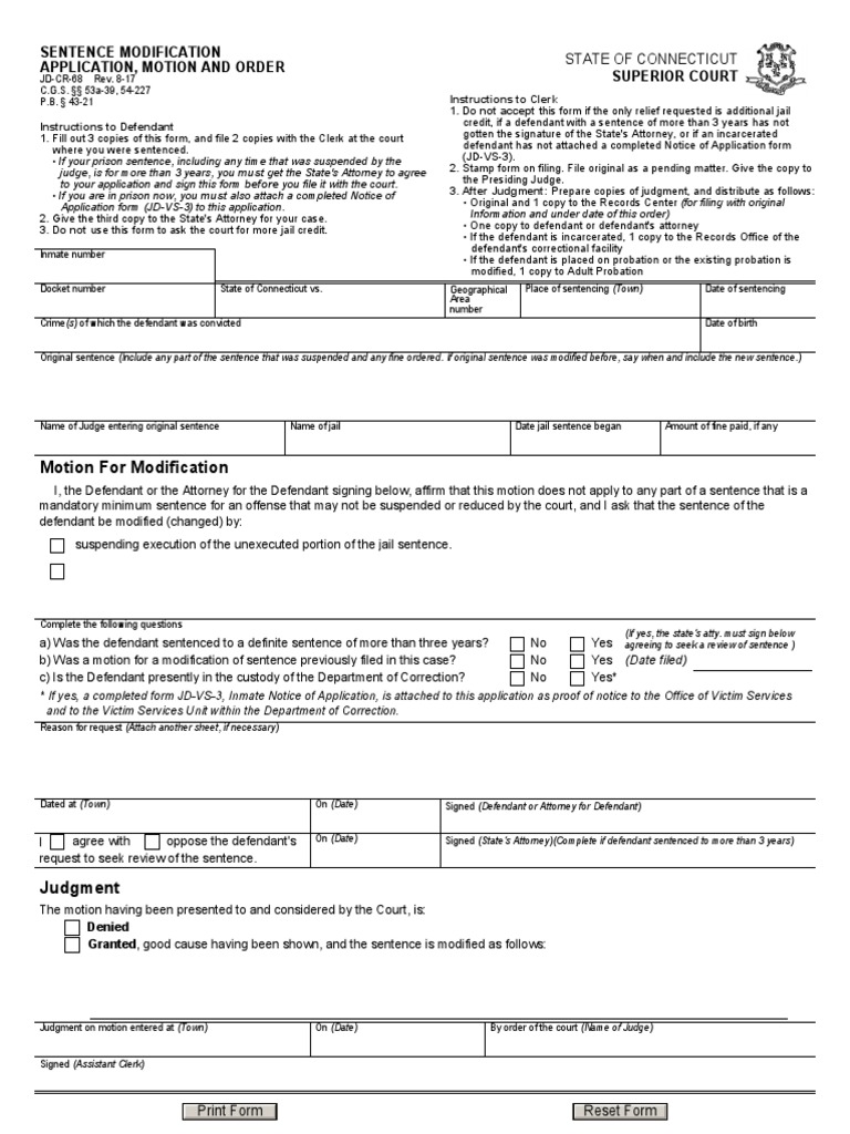 Motion For Modification: Sentence Modification Application, Motion and ...