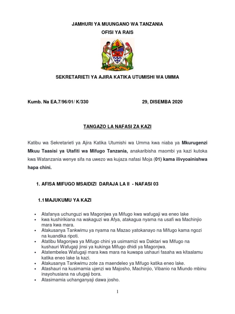 Tangazo La Nafasi Za Kazi Taliri | PDF