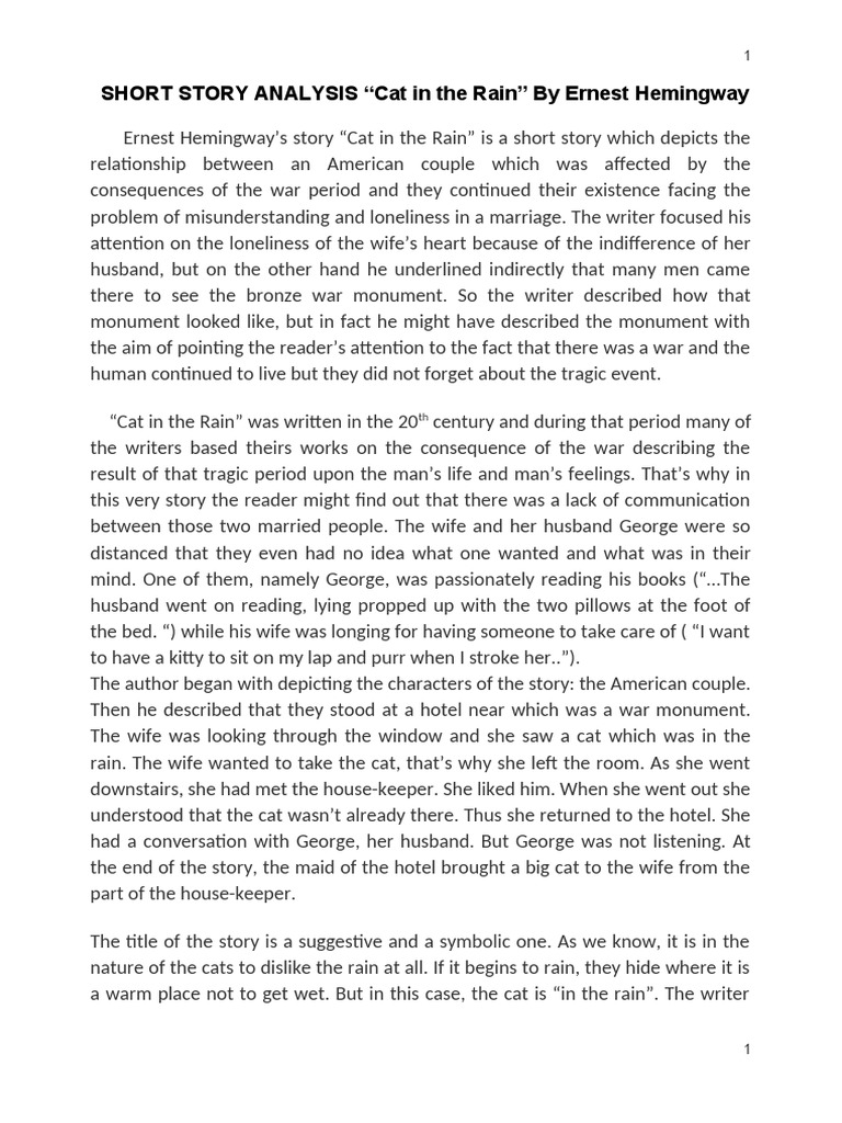 SHORT STORY ANALYSIS "Cat in The Rain" by Ernest Hemingway | PDF ...
