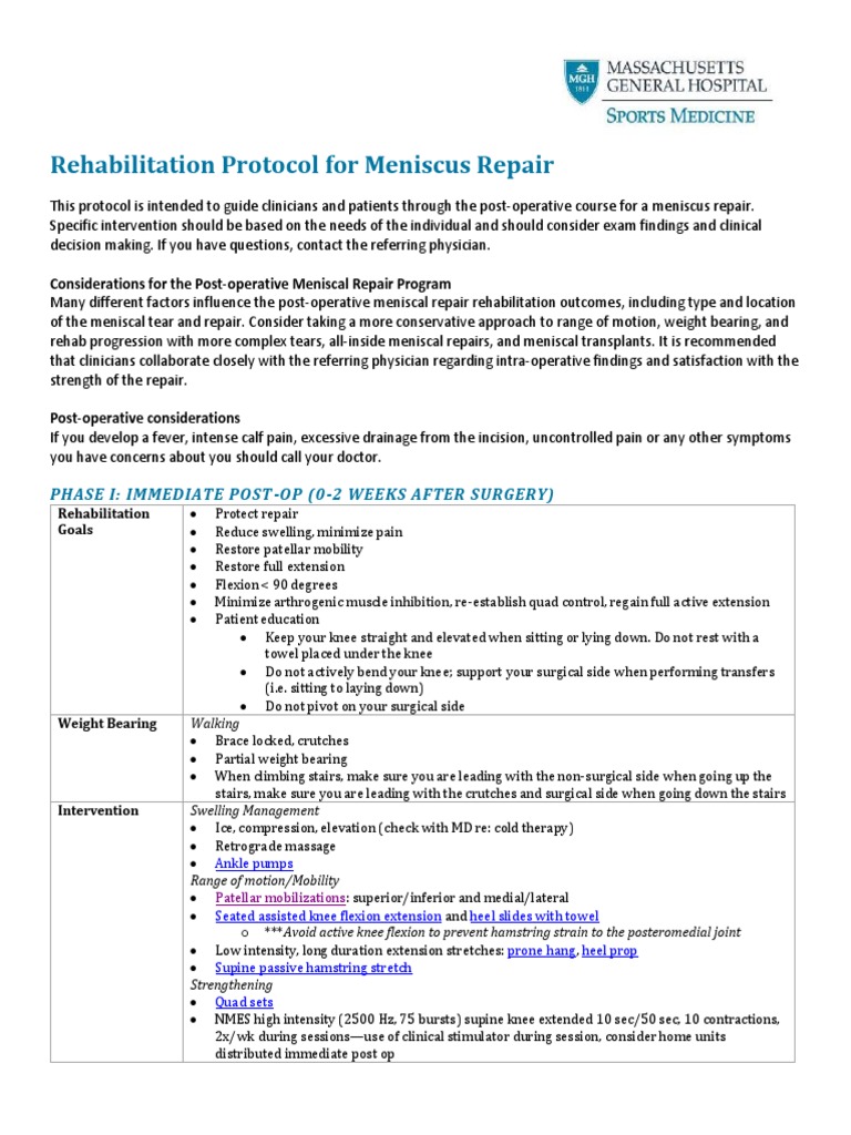 Rehabilitation Protocol For Meniscus Repair | PDF | Anatomical Terms Of ...