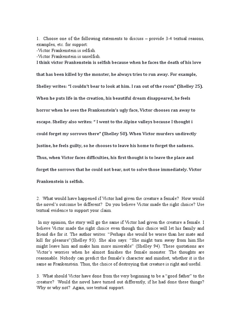 Seminar Questions | PDF | Frankenstein | Mary Shelley