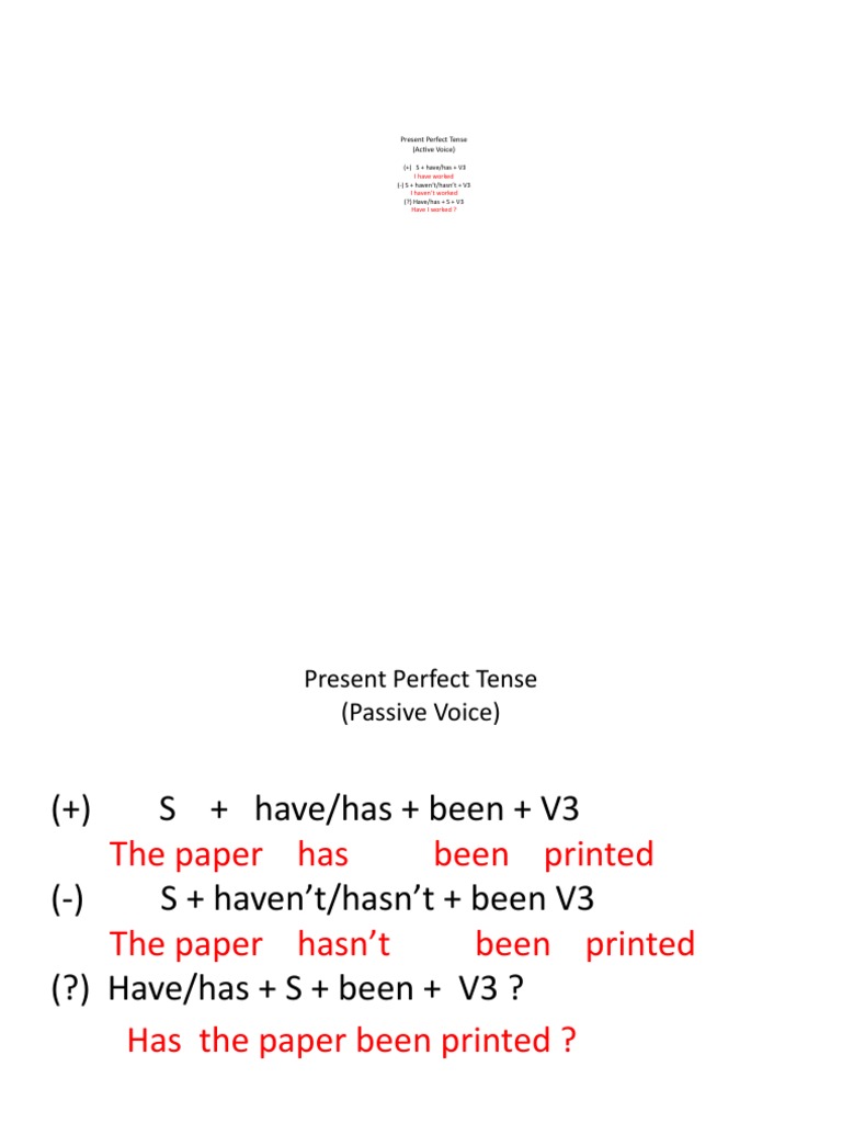 Present Perfect Tense (Active Voice) (+) S + Have/has + V3 (-) S ...