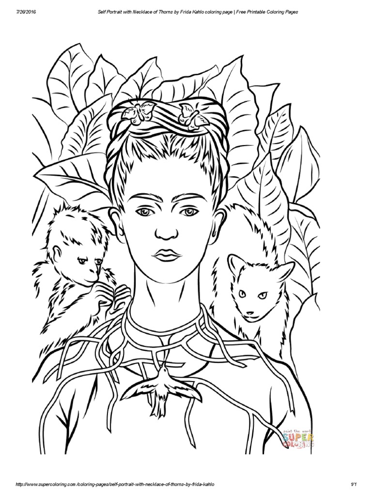Self Portrait With Necklace of Thorns by Frida Kahlo Coloring Page ...