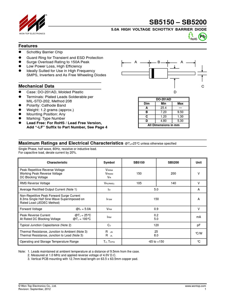 SB5150 - SB5200: PB Features | PDF | Diode | Rectifier