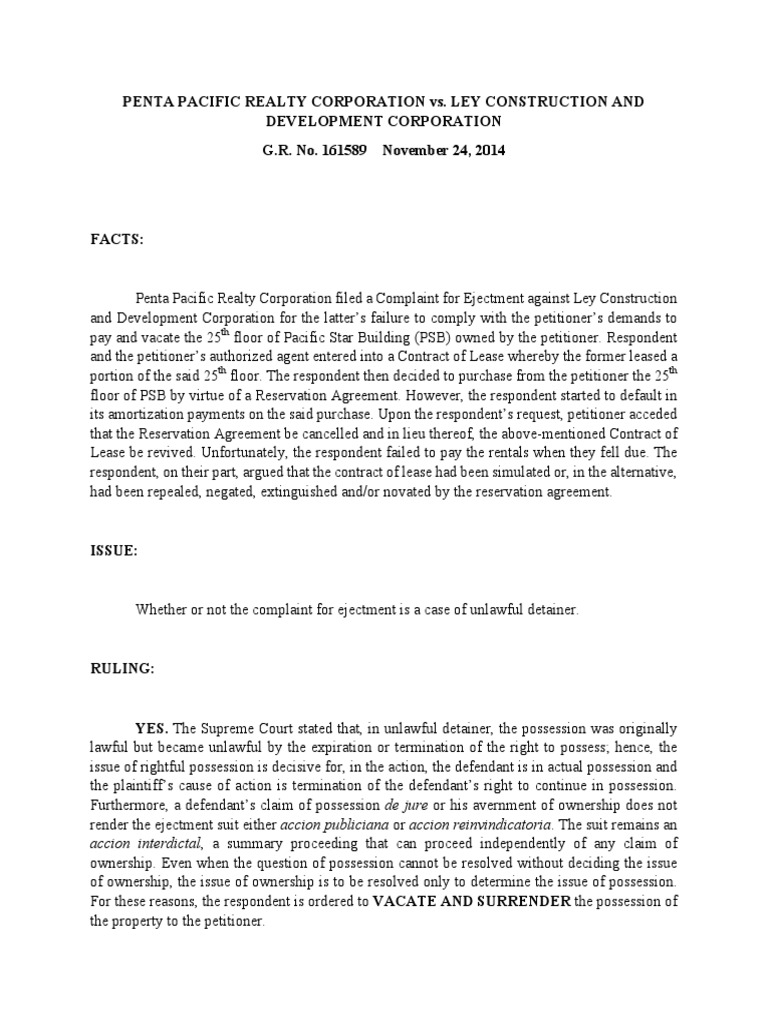 Case Digest (Penta Pacific v. Ley Construction) | PDF | Law | Finance ...