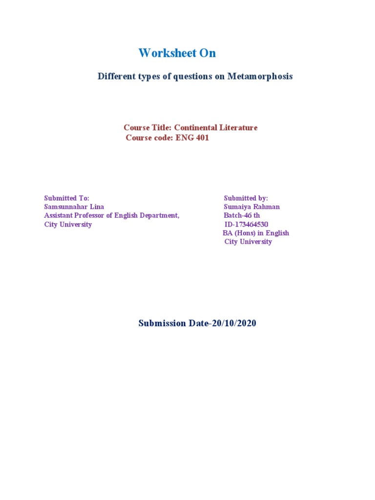 Worksheet On: Different Types of Questions On Metamorphosis | PDF | The ...