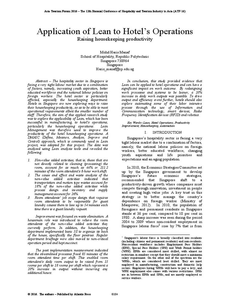 Application of Lean To Hotel's Operations: Raising Housekeeping ...