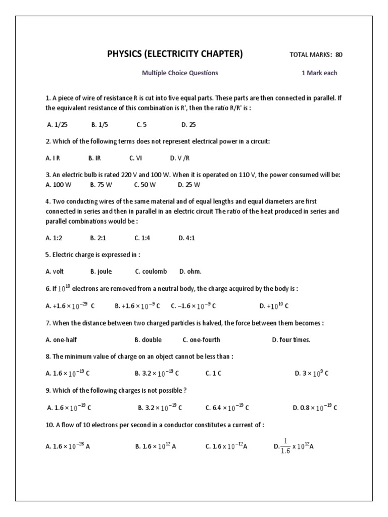 Physics (Electricity Chapter) : Multiple Choice Questions 1 Mark Each ...