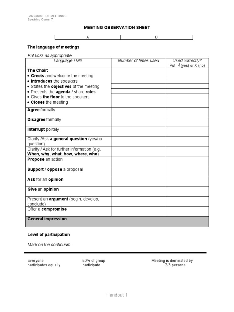 Handout 1 - MEETING OBSERVATION SHEET | PDF