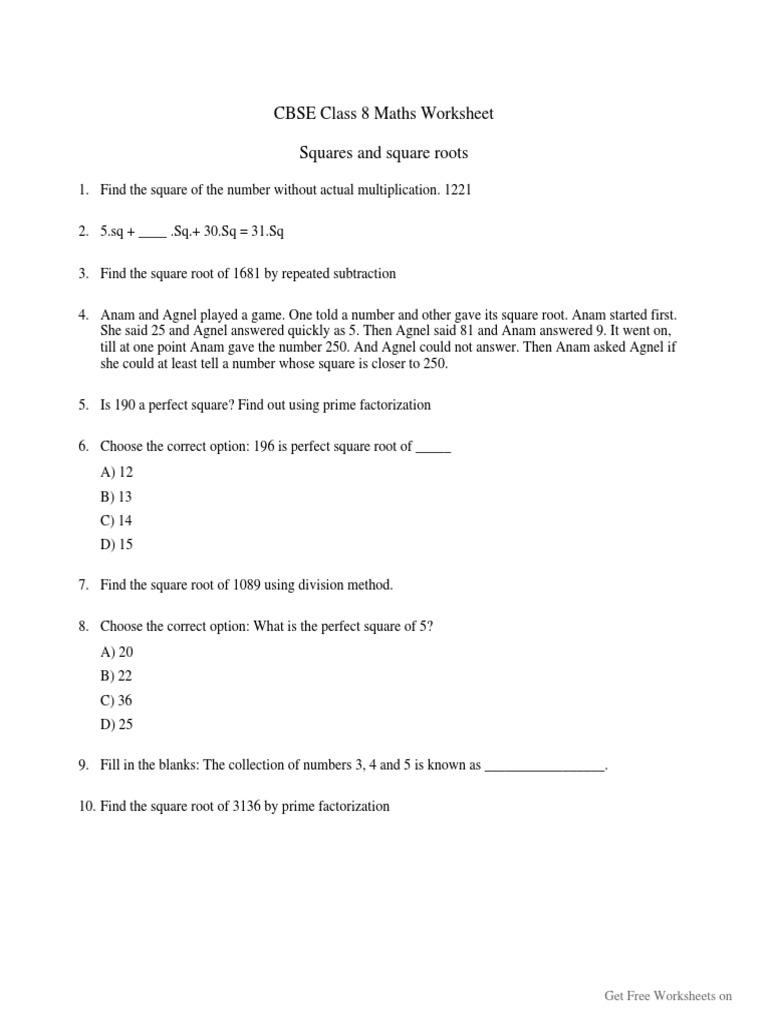Dividing Square Roots Worksheet