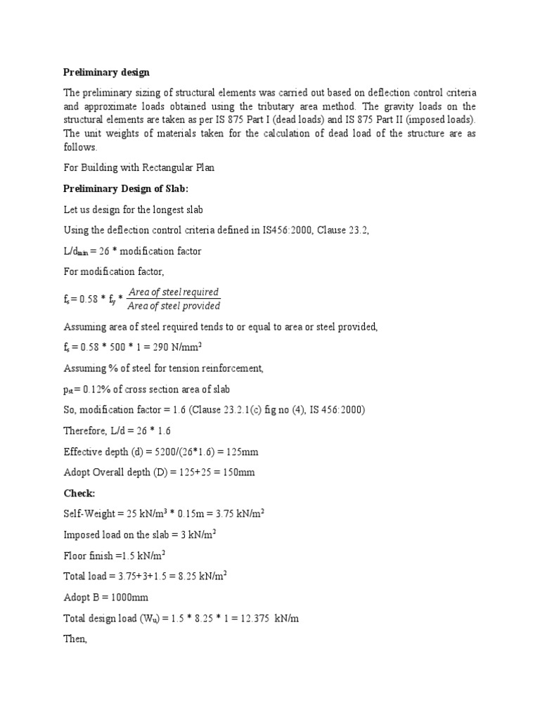 Preliminary Design: Area of Steel Required Area of Steel Provided | PDF ...