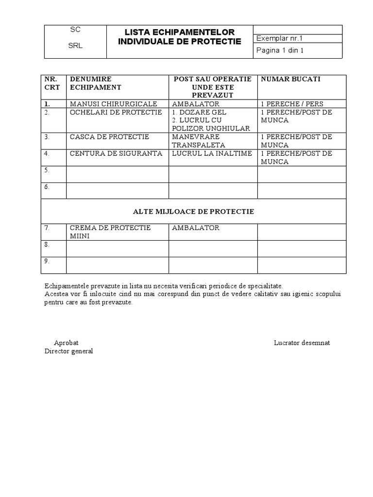 Lista Echipament de Protectie | PDF