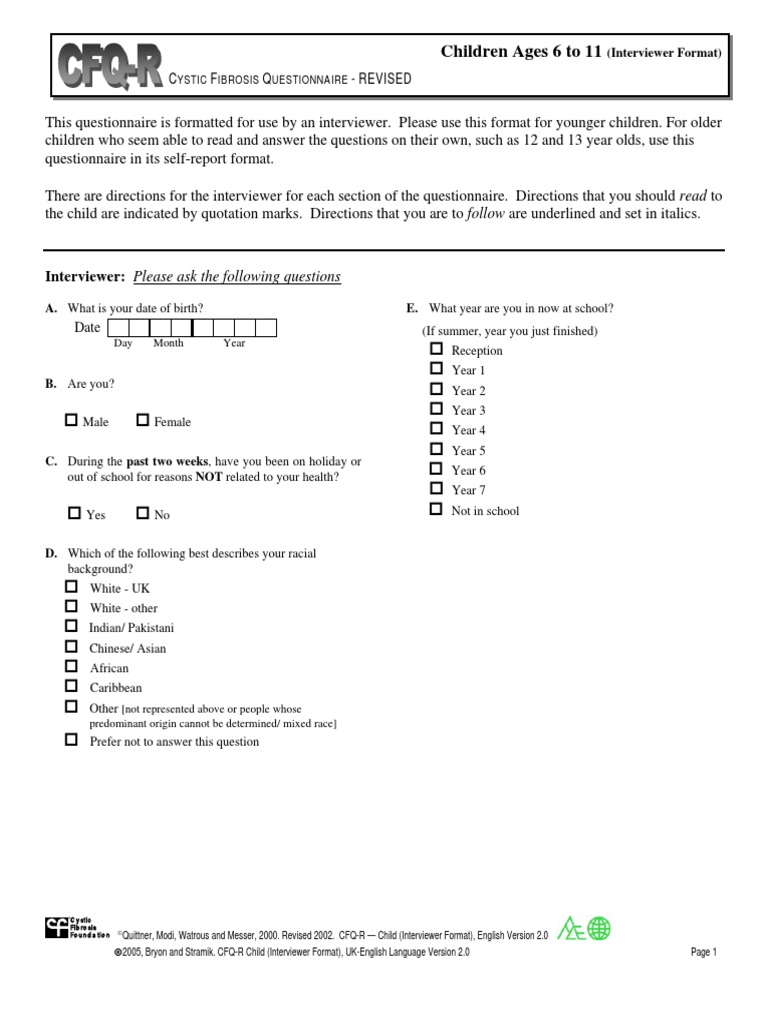 Cystic Fibrosis Questionnaire - Revised | PDF | Race And Ethnicity In ...