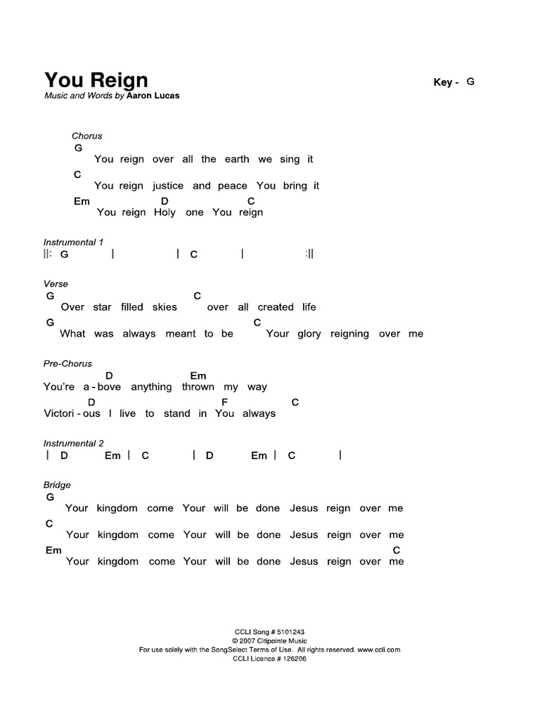 You Reign - Citipointe Music - Key of G - Chord Sheet PDF | PDF