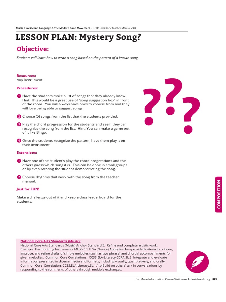 LESSON PLAN: Mystery Song?: Objective | PDF