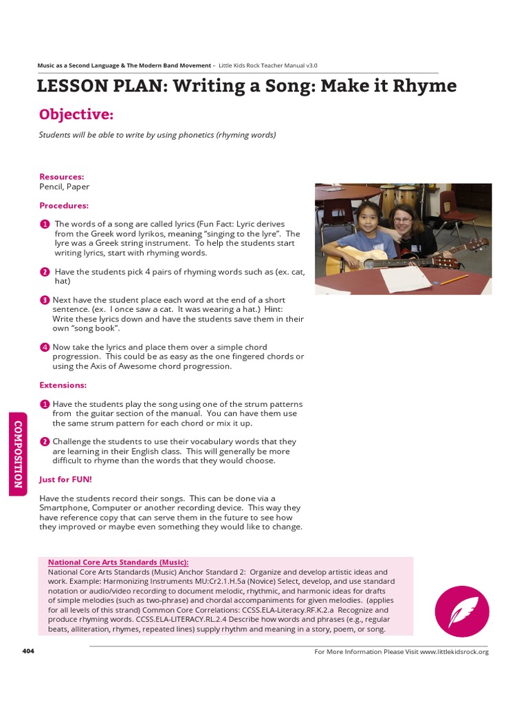 LESSON PLAN: Writing A Song: Make It Rhyme: Objective | PDF | Songs ...